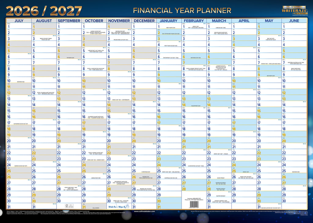 2026-2027 Financial Year Wall Planner - 12 Month 500x700mm Wall Planner ...