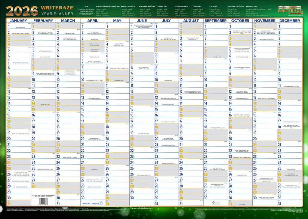 Writeraze Calendar Year 2026 Diary/Planner, h500 x w700mm Laminated Wa ...