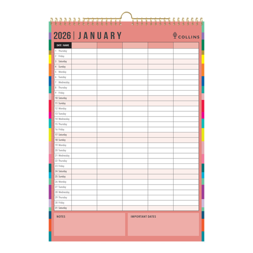 Collins Edge Rainbow Wall Calendar Year 2026 Diary/Planner, Month to V ...
